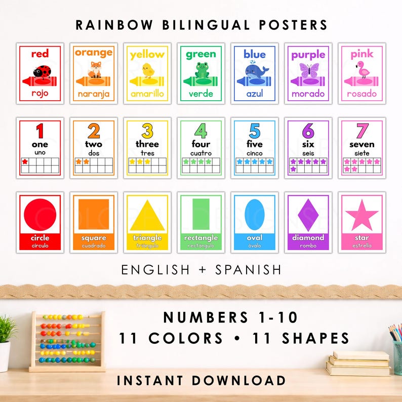 Bilingual Classroom Posters English Spanish, Numbers Colors Shapes ...