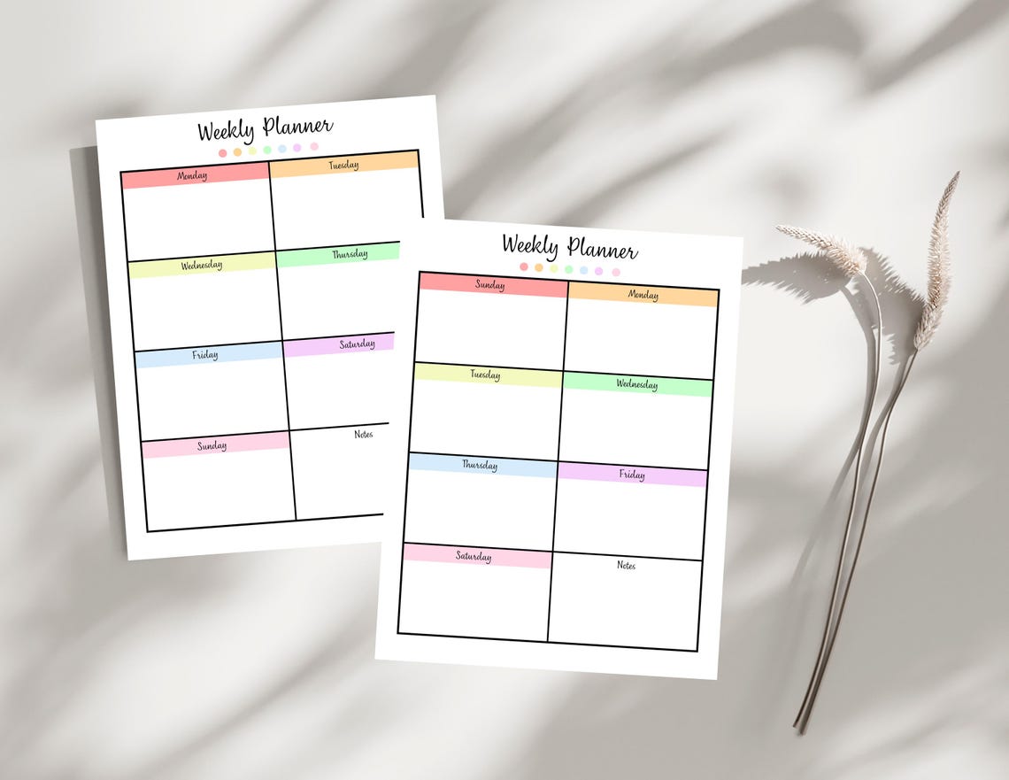 Printable Weekly Planner | Monday & Sunday Start | 2 PDF Files | 8.5 ...