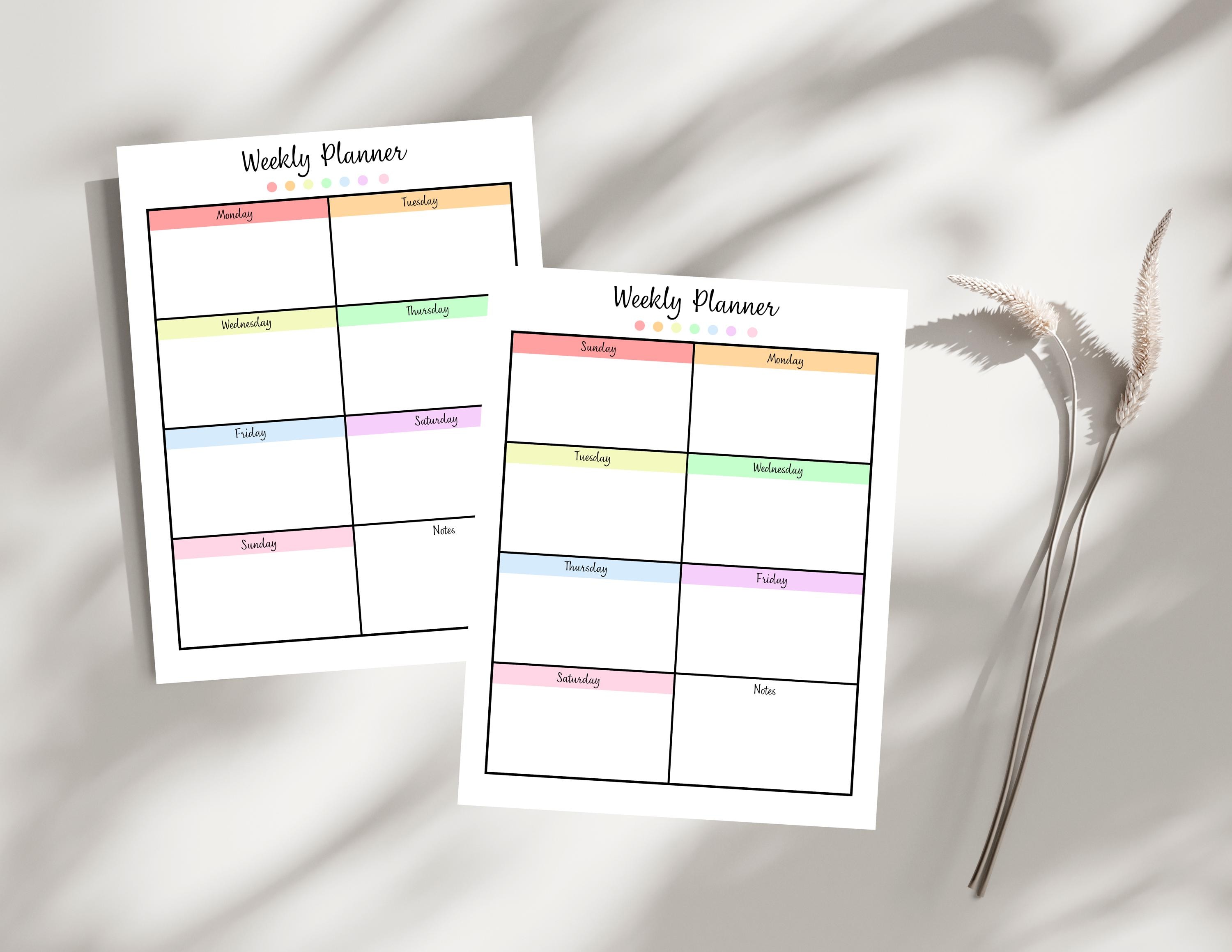 Printable Weekly Planner | Monday & Sunday Start | 2 PDF Files | 8.5 ...