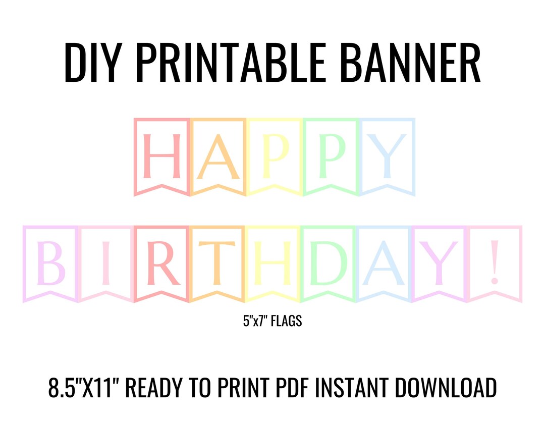 Pastel Rainbow Birthday Banner – Printable Party Banner PDF, 5x7 Flags ...