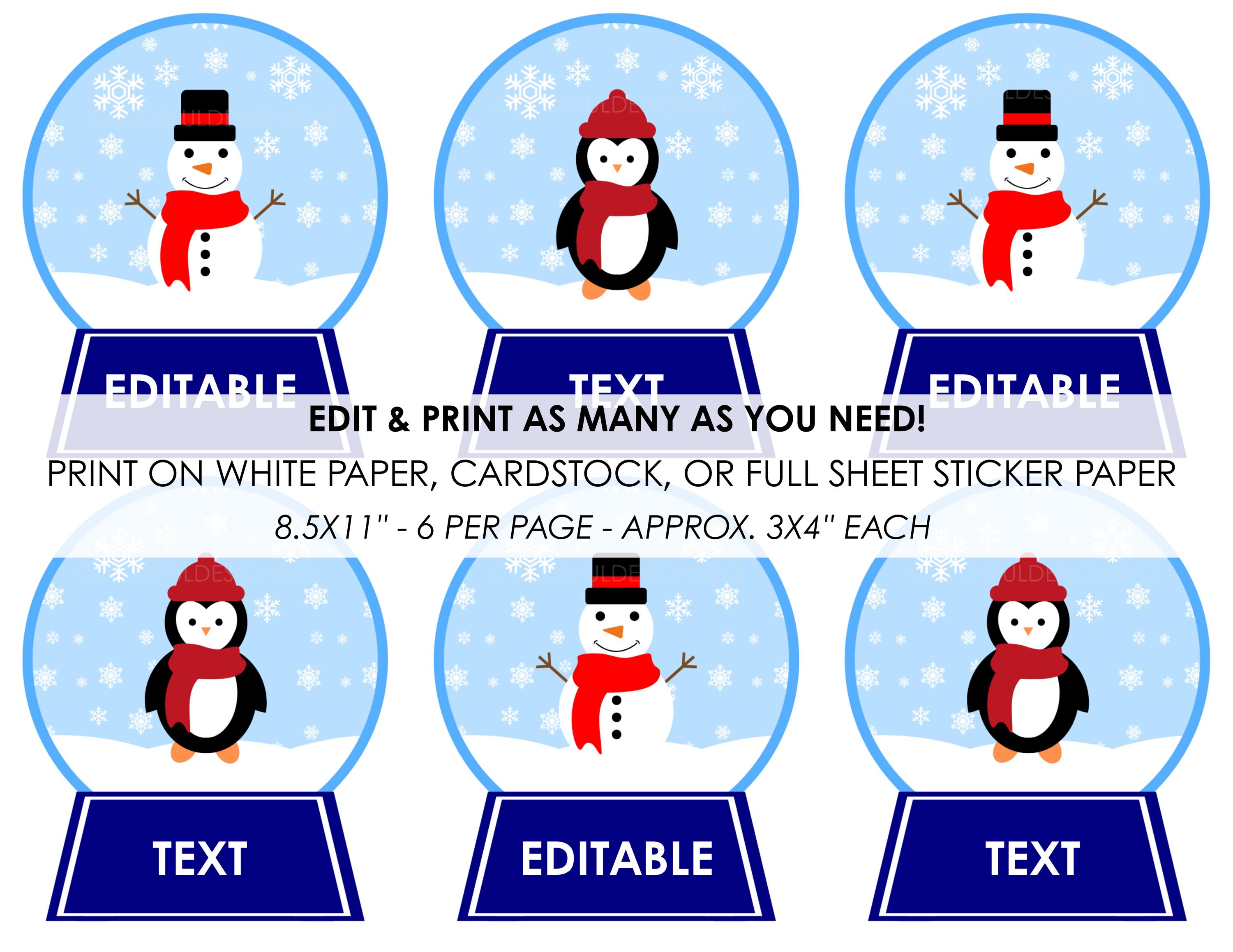 Snowman & Penguin Snow Globe Tags – Editable – Printable for Winter ...