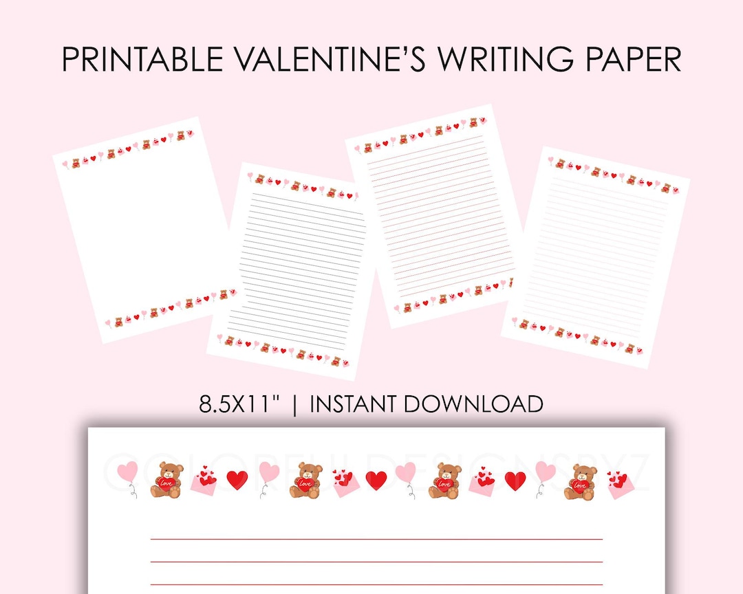 Valentine’s Day Writing Paper Printable | Cute Teddy Bear, Hearts ...