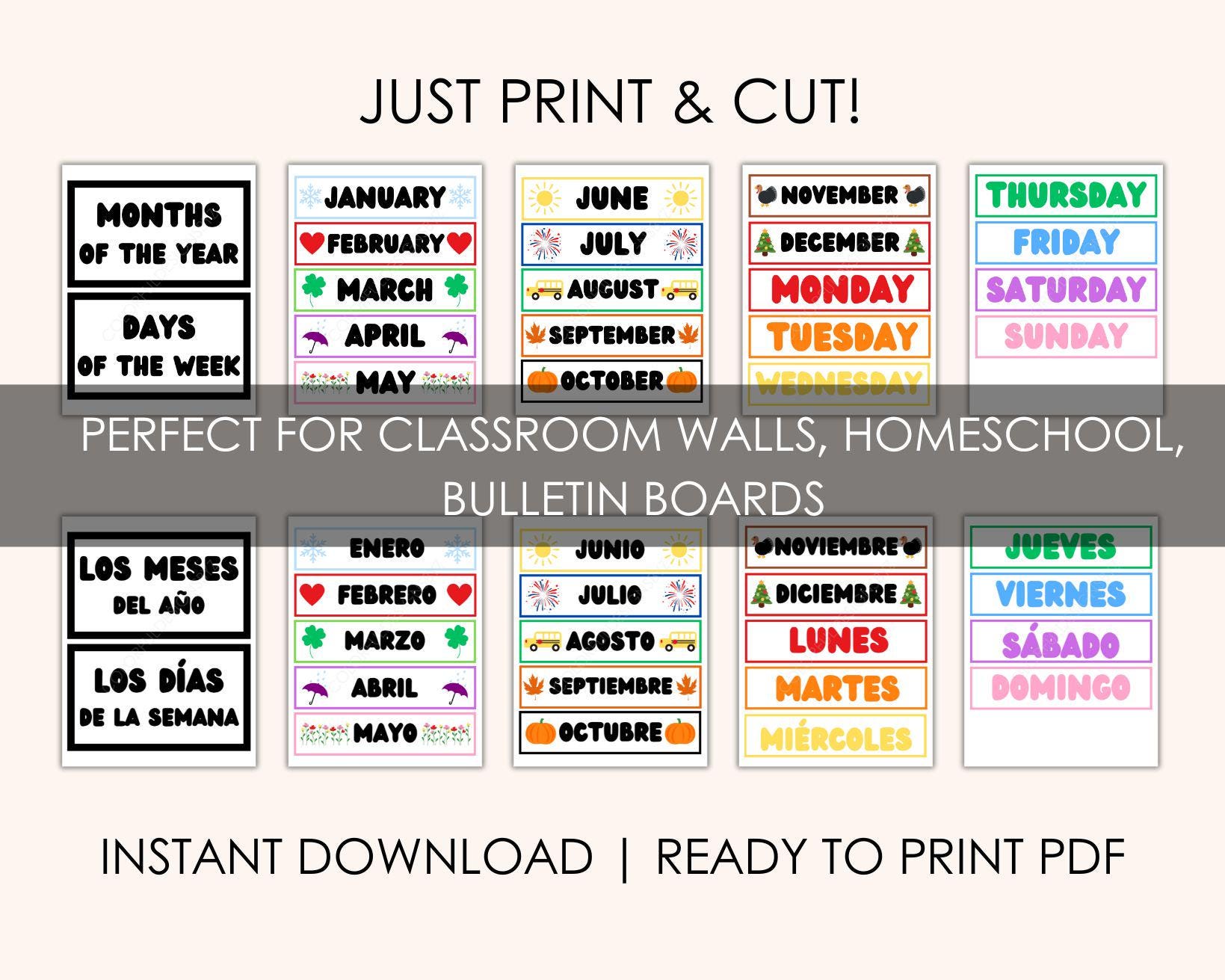 English & Spanish Days and Months Posters – Printable Classroom Decor ...