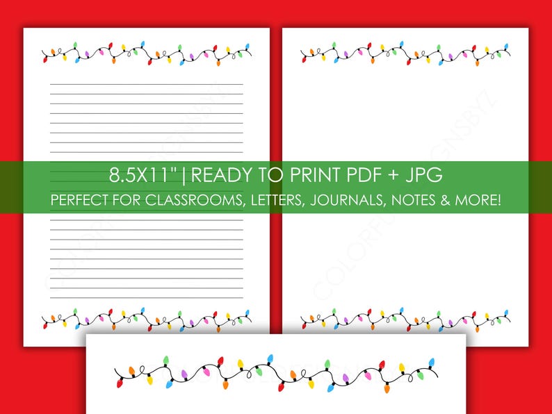 Christmas Lights Writing Paper Printable | Lined and Unlined Holiday ...