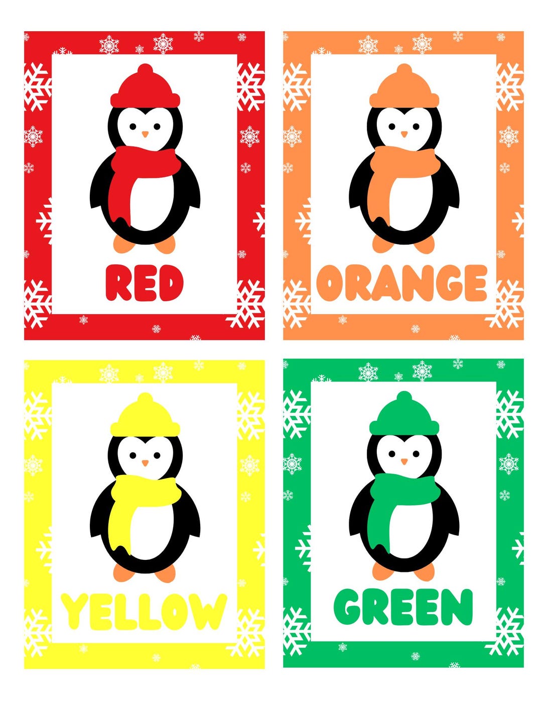 Color Learning Cards Printable 11 Colors Penguin Winter Snowflake ...