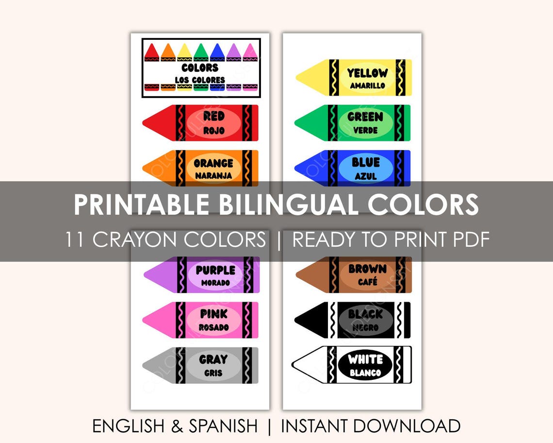 Printable Crayon Color Flashcards in English and Spanish | 11 Colors ...