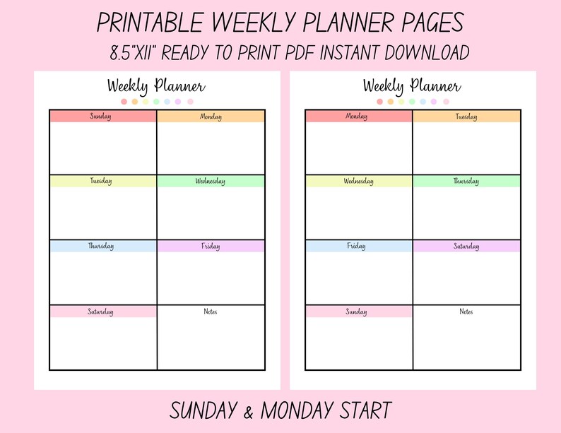 Printable Weekly Planner | Monday & Sunday Start | 2 PDF Files | 8.5 ...