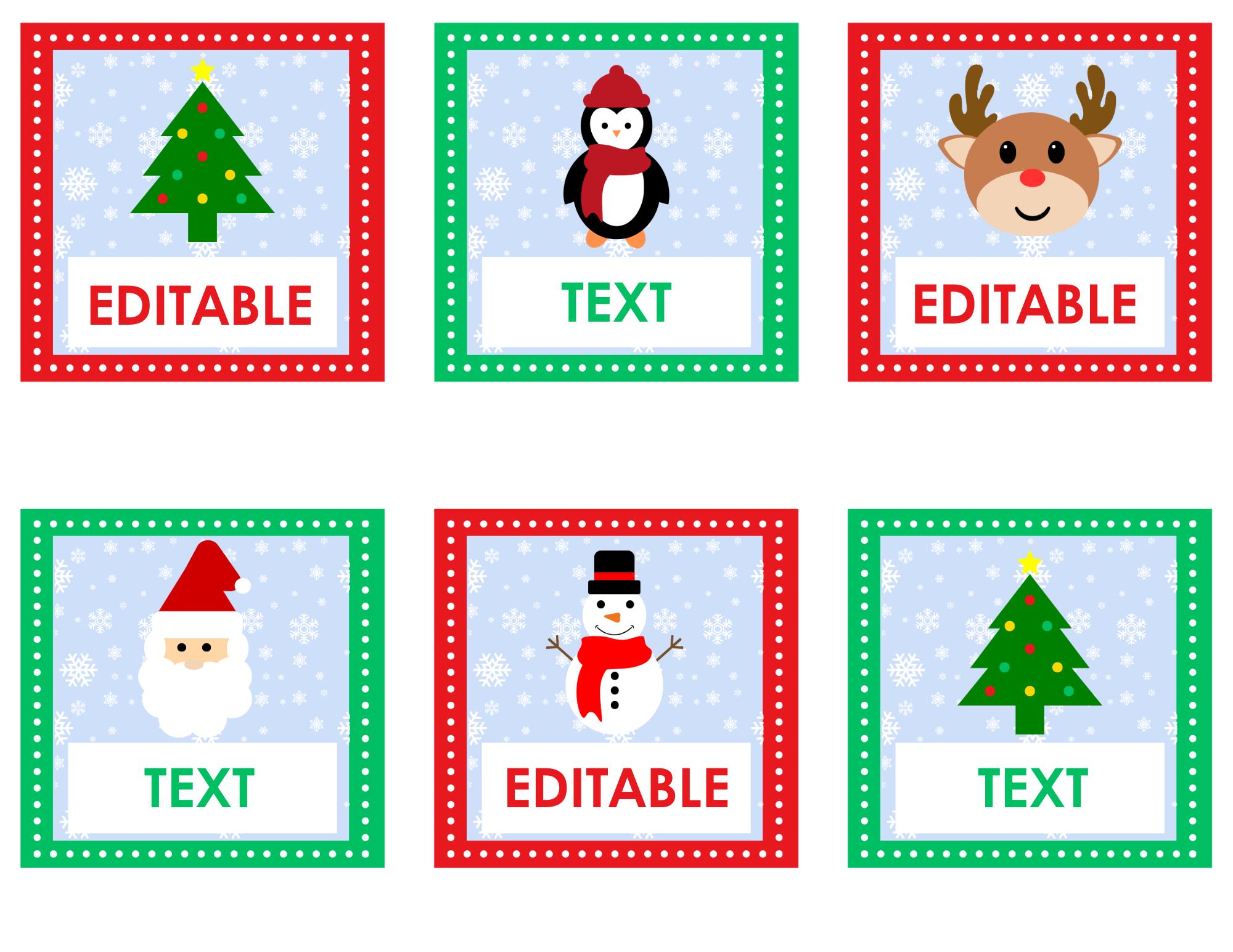 Editable Christmas Labels Printable Holiday Name Tags Santa, Snowman ...