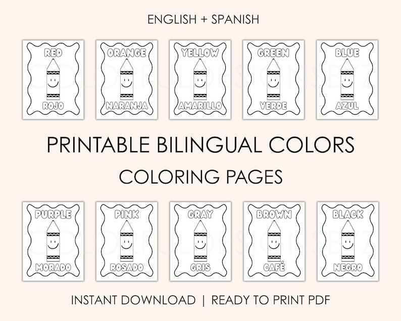 Bilingual Color Coloring Pages | English & Spanish Crayon Theme | 10 ...