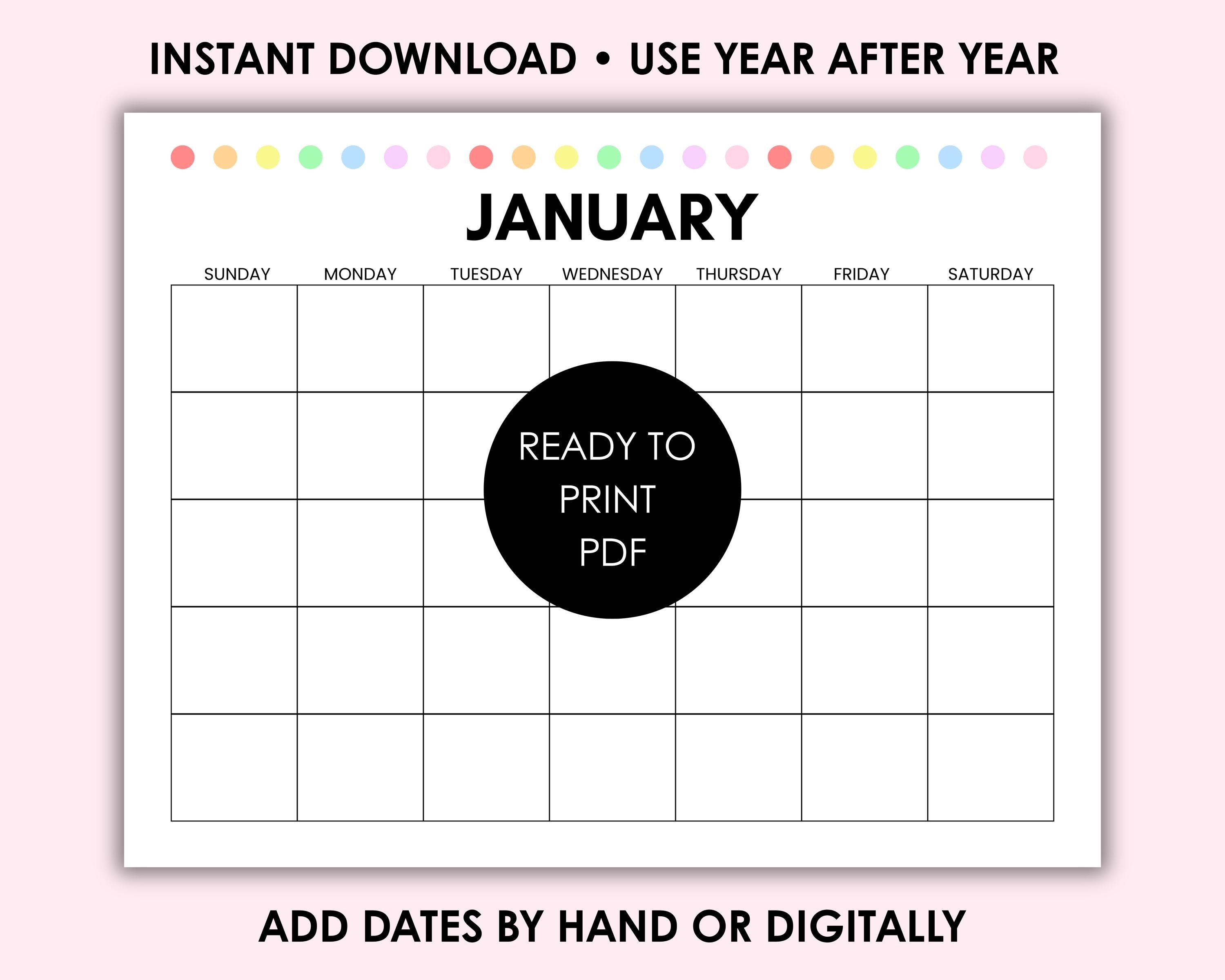 Undated Printable Monthly Calendar PDF – 12 Months | Sunday & Monday ...