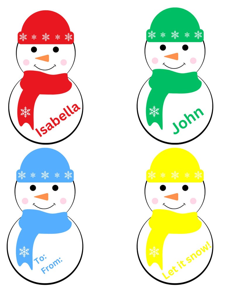Editable Printable Snowmen With Hats and Scarves in 8 Colors Winter ...