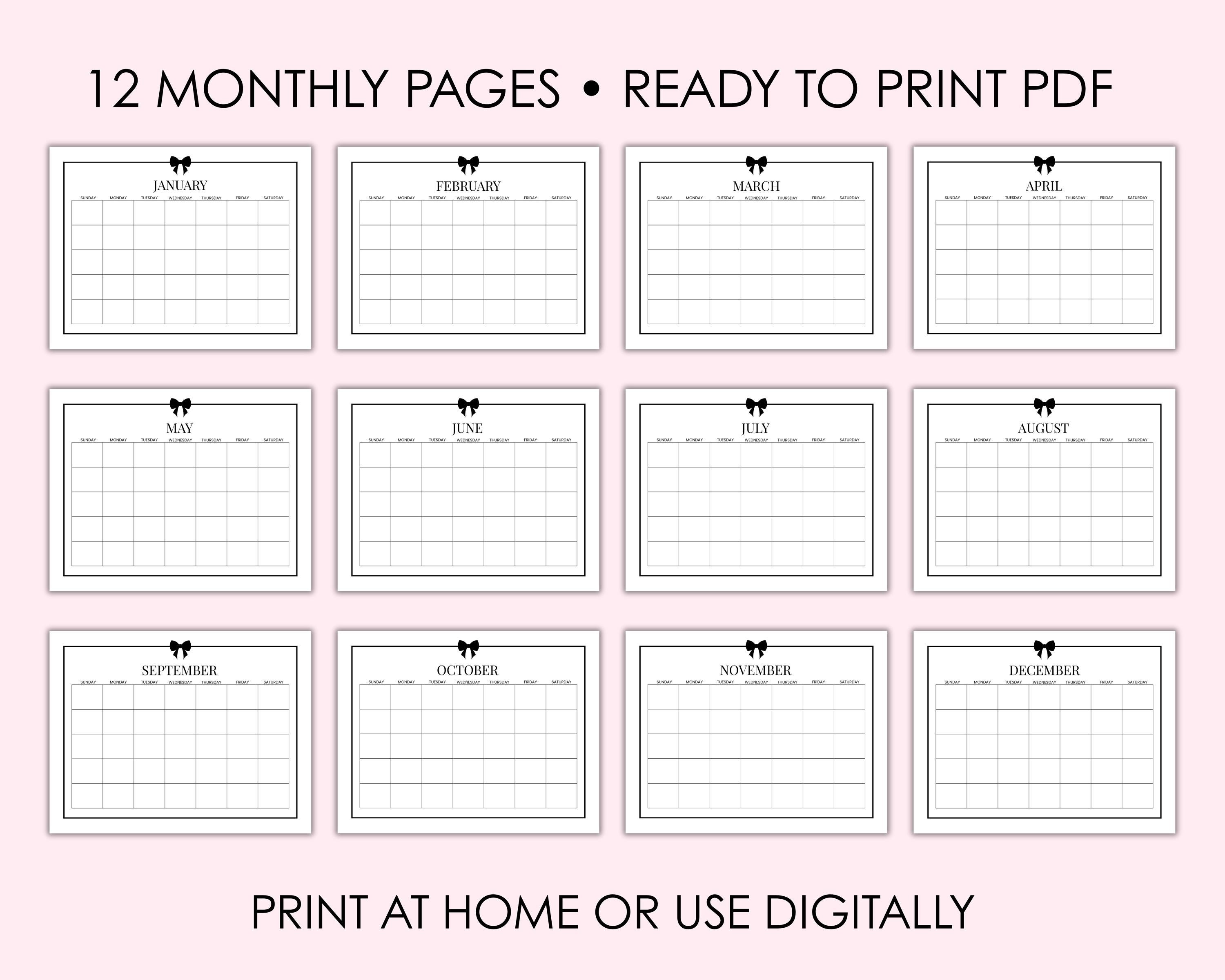 12-month Undated Printable Calendar PDF – Bow Minimalist Calendar ...