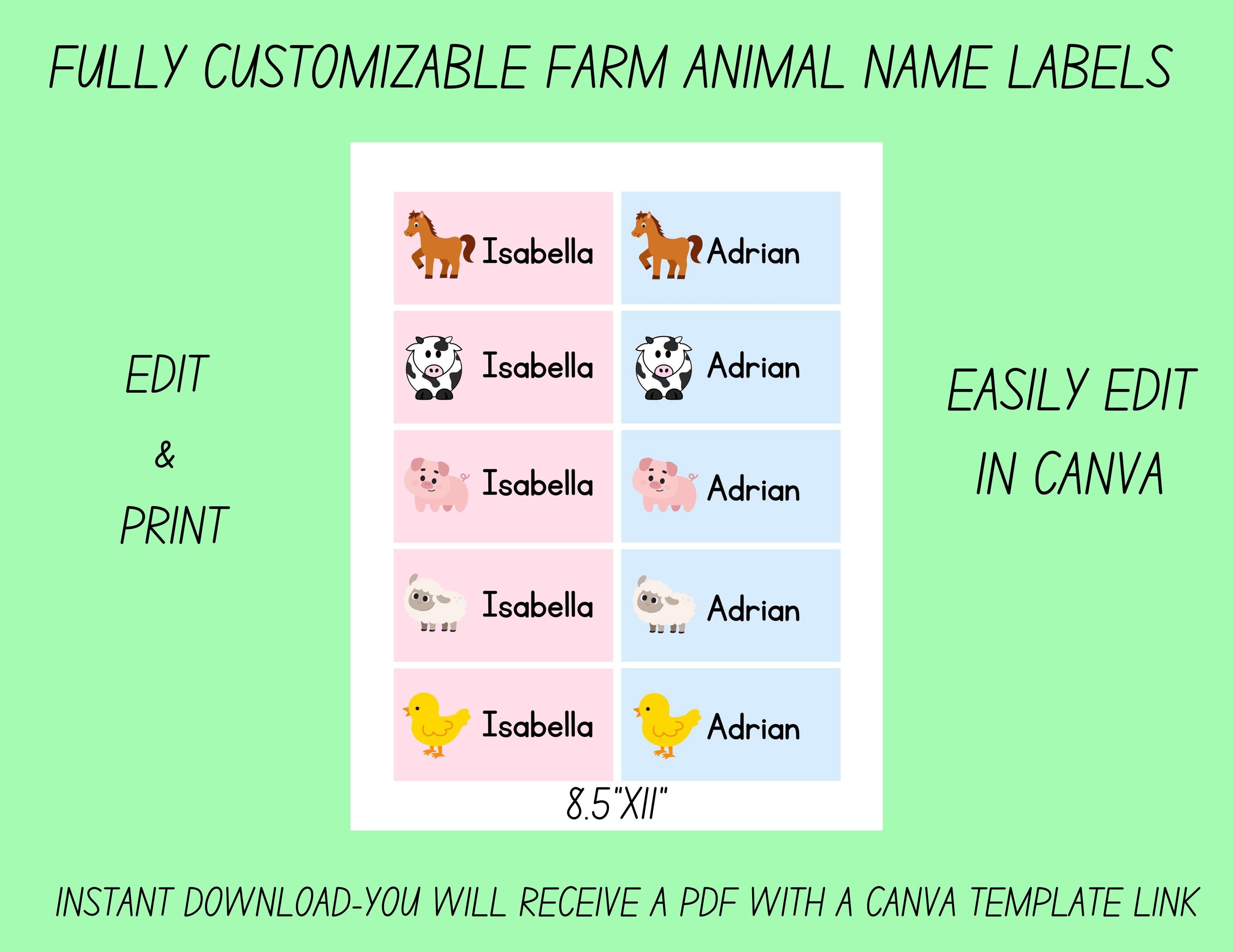 Editable Farm Animal Name Tags – Custom Canva Template – Printable Kids ...