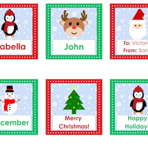 Editable Christmas Labels Printable Holiday Name Tags Santa, Snowman ...