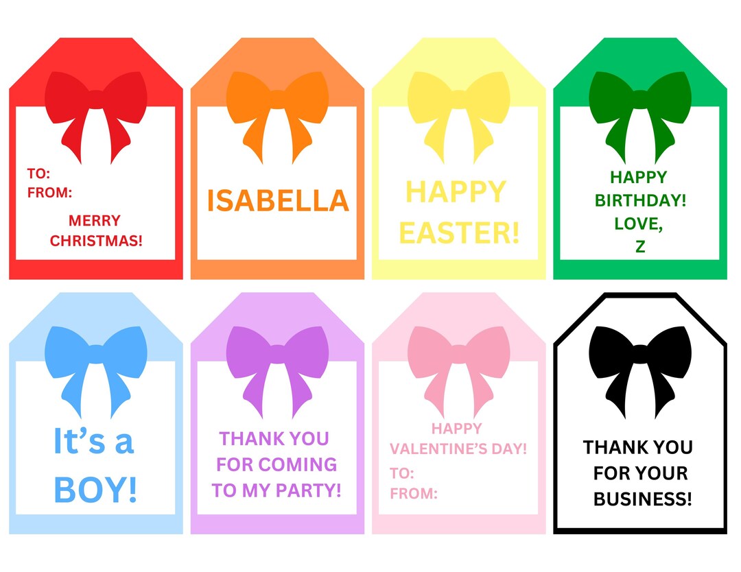 Editable Bow Gift Tags Printable Multicolor Gift Tag Templates for Any ...