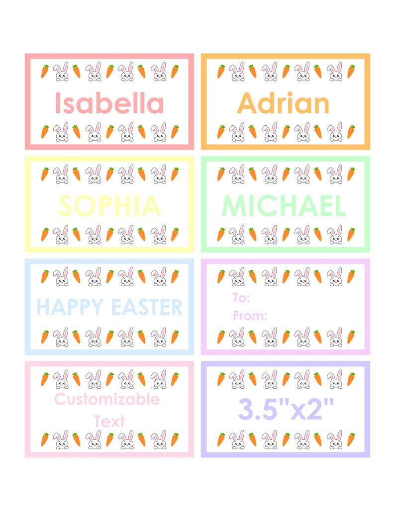 Editable Easter Bunny & Carrot Labels Template , 3.5"x2", Printable Name Tags , Pastel Colors ...