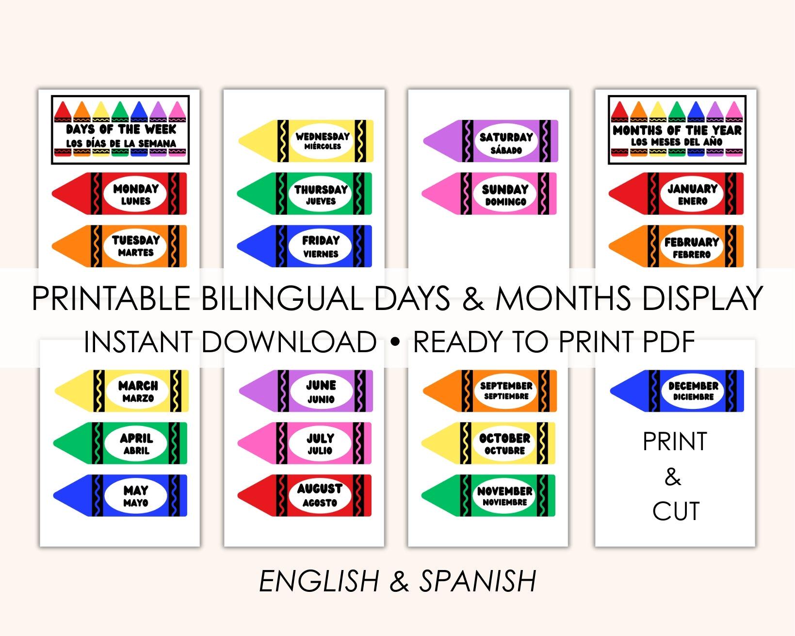 Days and Months English and Spanish Printable | Crayon-themed Classroom ...