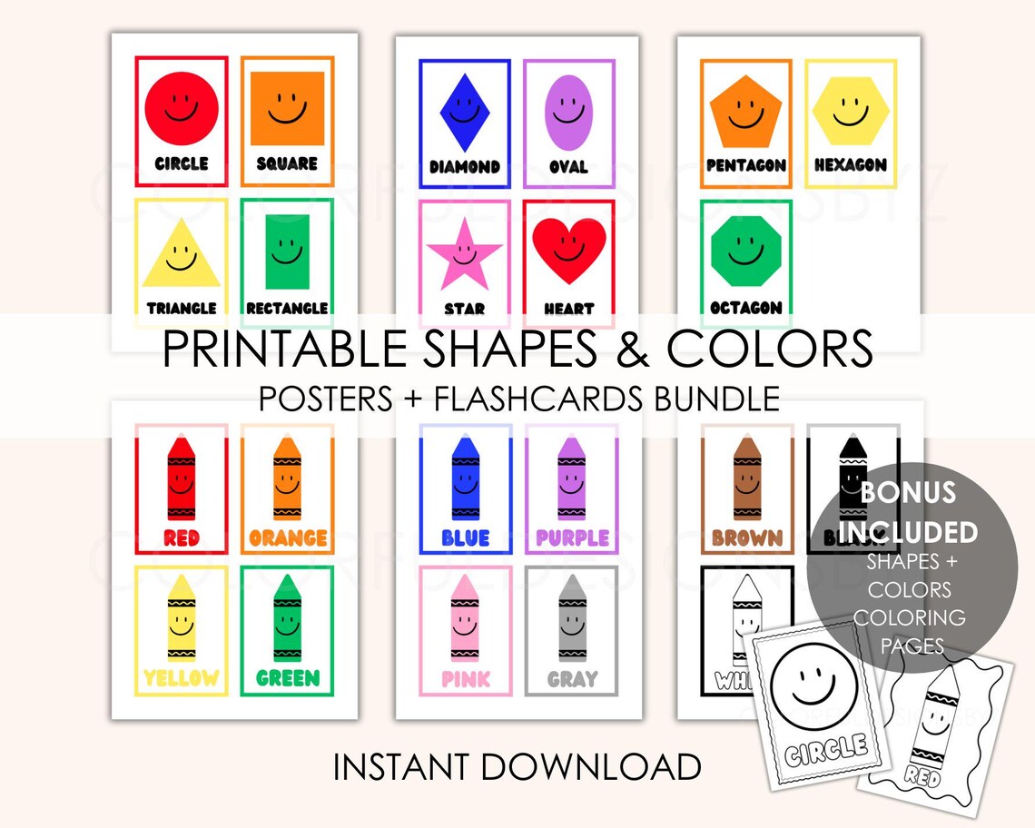 Shapes and Colors Posters + Flashcards + Coloring Pages Bundle | Bright ...