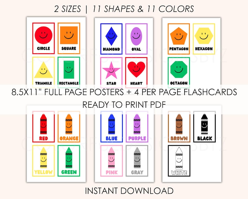 Shapes and Colors Posters + Flashcards + Coloring Pages Bundle | Bright ...