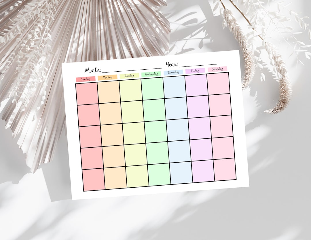 Pastel Rainbow Undated Monthly Calendar Printable – Sunday & Monday ...
