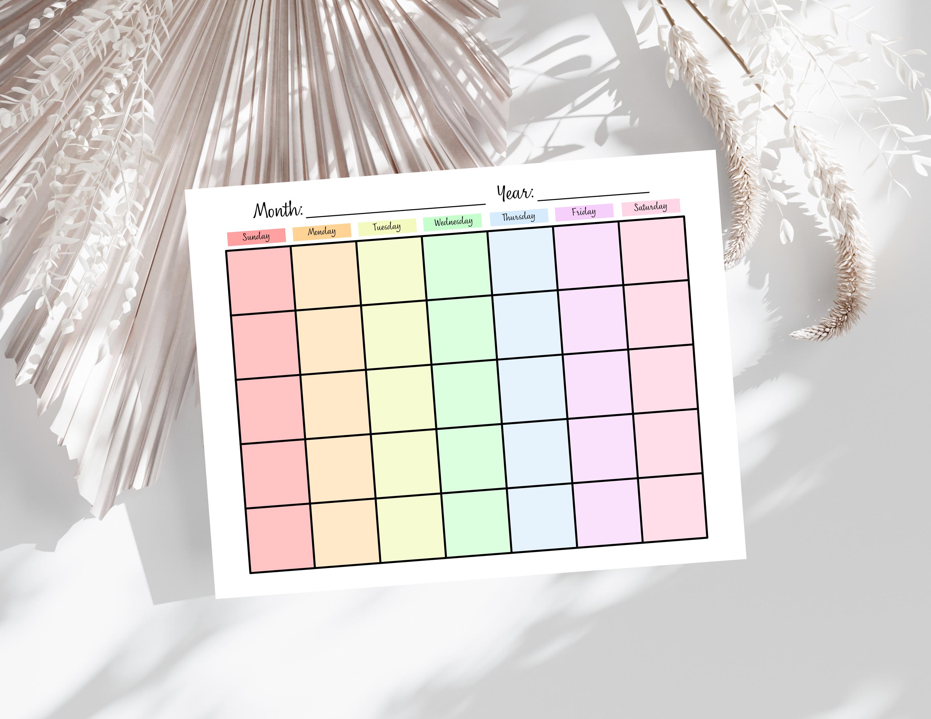 Undated Monthly Calendar Printable - Colorful Pastel Aesthetic Planner ...