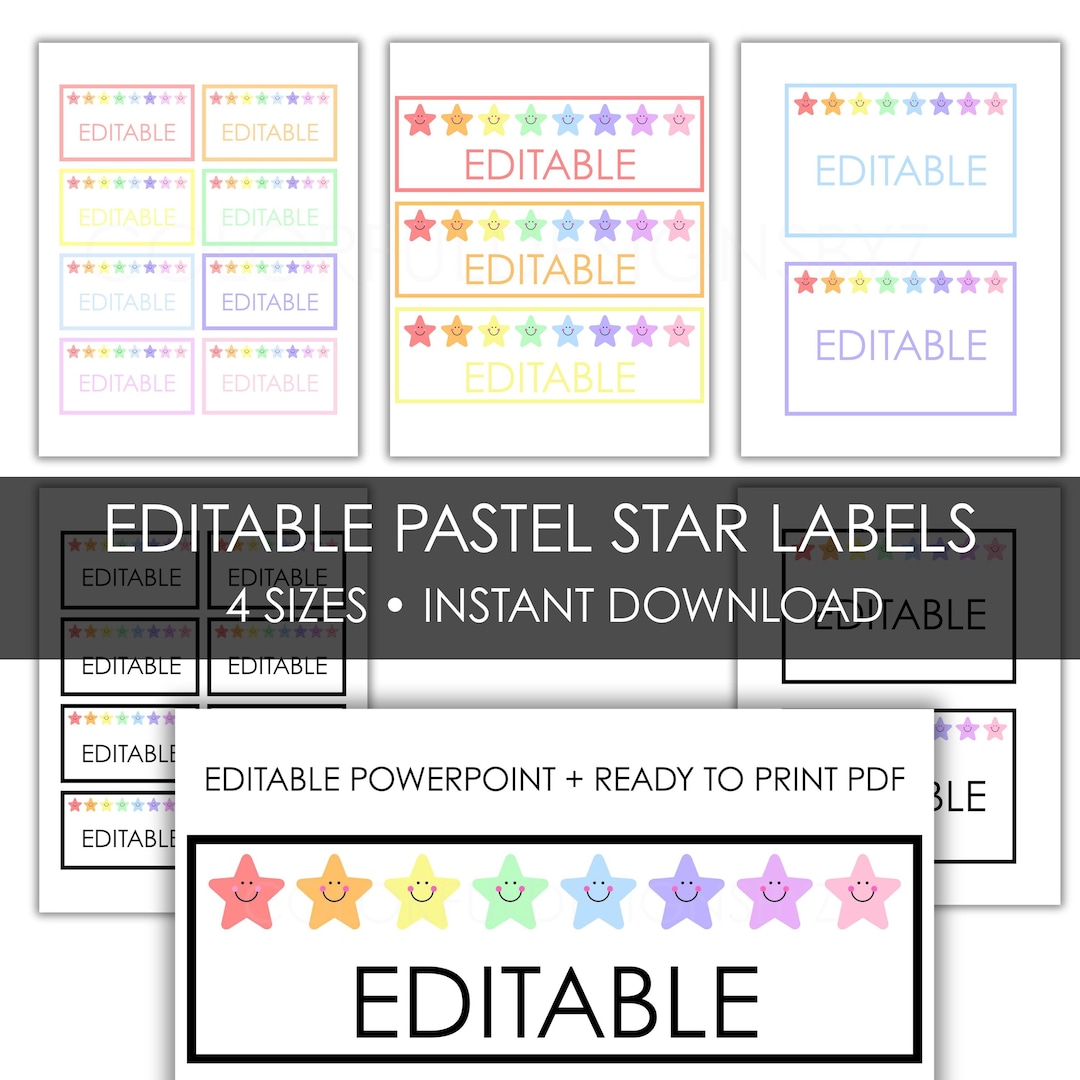 Editable Pastel Star Classroom Labels – 4 Sizes, Color + Black Border ...