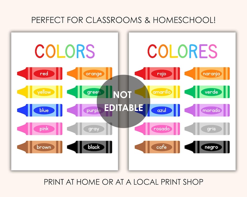 Colors Poster Printable Bilingual English & Spanish | Crayon Theme ...