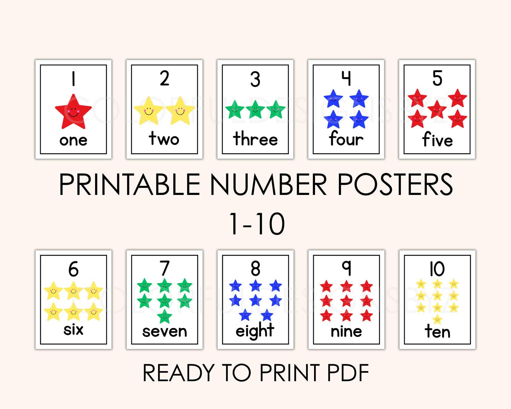 Number Posters 1-10 With Stars for Preschool & Kindergarten – Printable ...