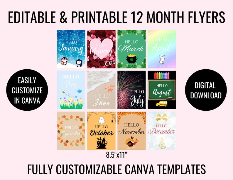 Editable Seasonal Flyer Templates | 12-month Canva Flyers Bundle | 8.5 ...