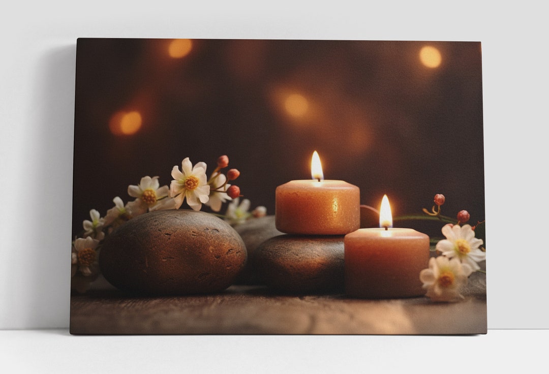 Zen Canvas Wall Art With Candles and Stones, Floral Zen Stones, Serene ...
