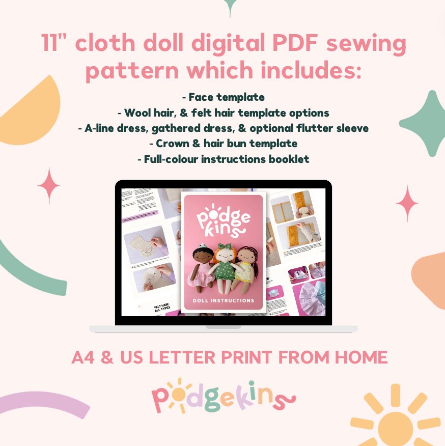 PDF Cloth Doll Sewing PATTERN, Multi-style Dress, Felt AND Wool Hair ...