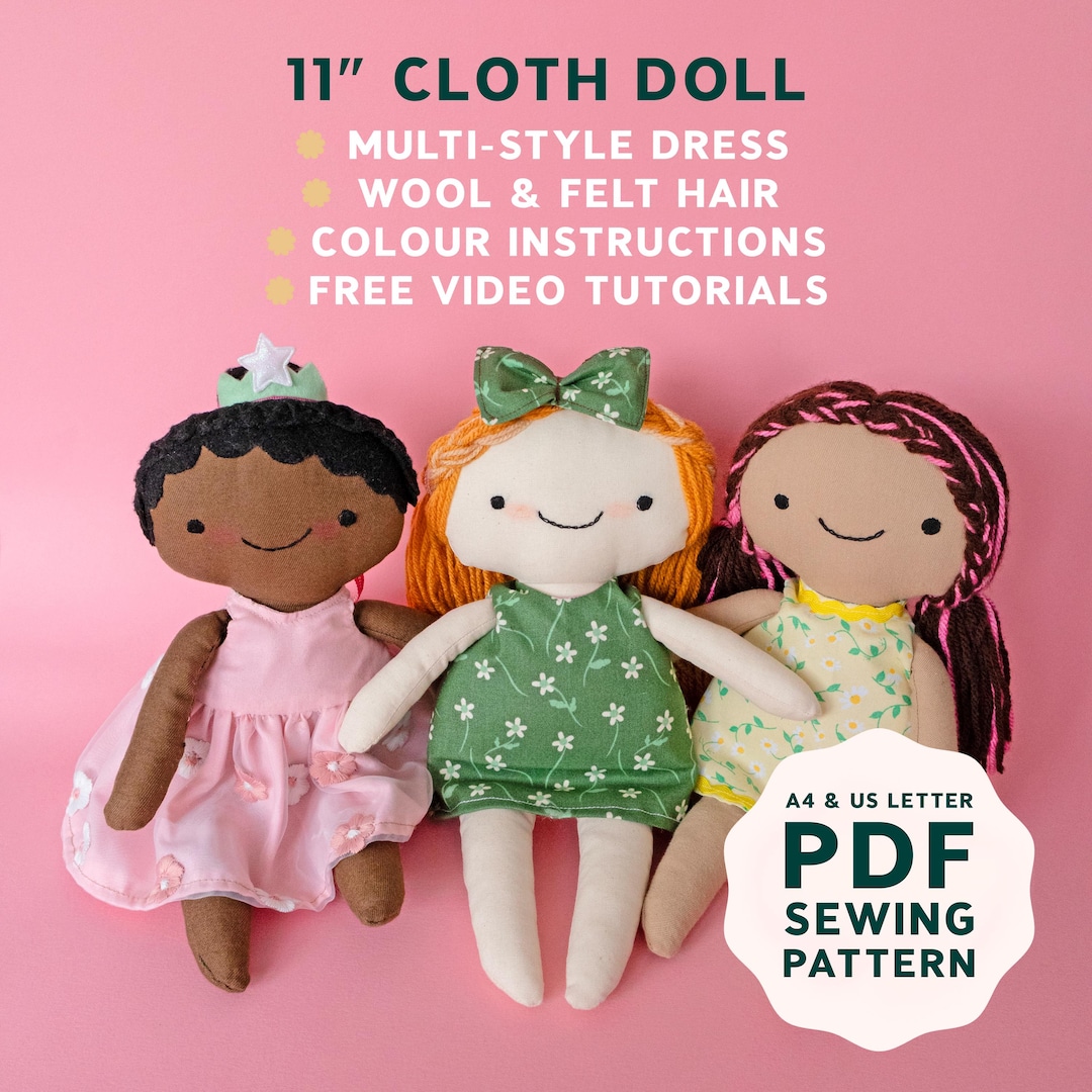 PDF Cloth Doll Sewing PATTERN, Multi-style Dress, Felt AND Wool Hair ...