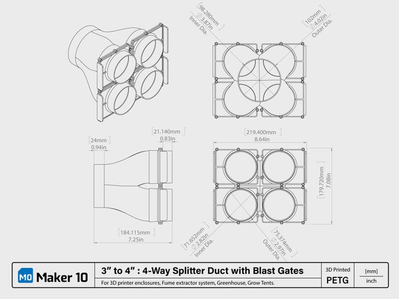 4-way 4" to 3" Inline Duct Fan Splitter With Blast Gates - Etsy