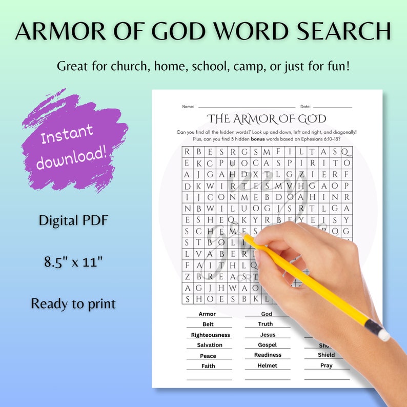Armor of God Word Search Activity - Christian Faith Kids' Class ...