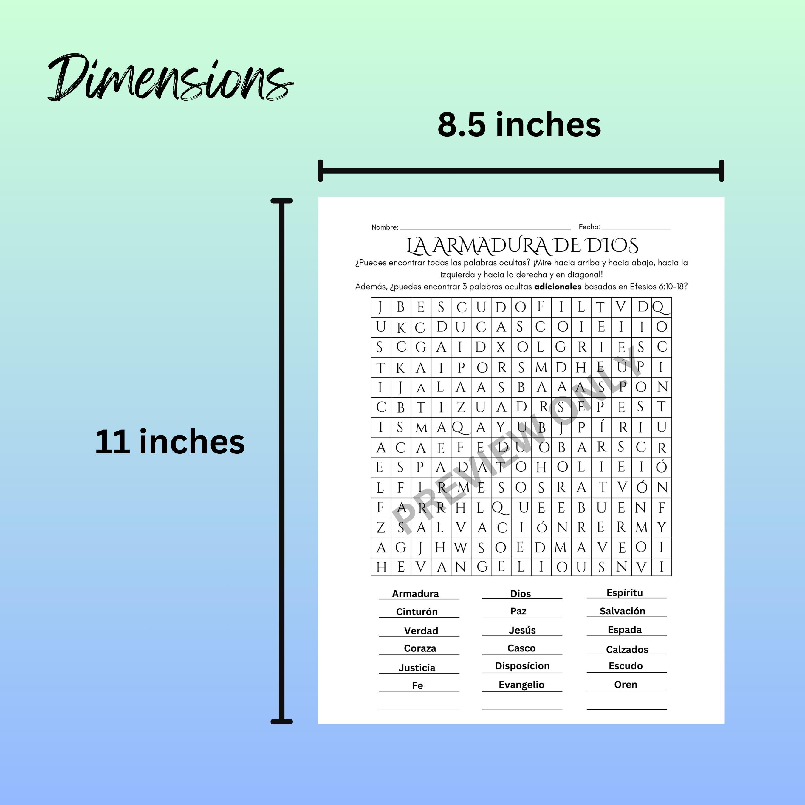 Armadura De Dios Spanish Word Search - Armor of God Christian Kids ...