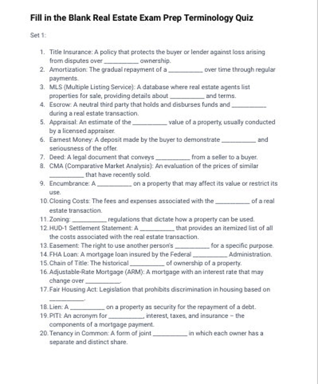 Pass Real Estate Exam | Fill-in-the-blank Terminology Exam Prep | Real ...
