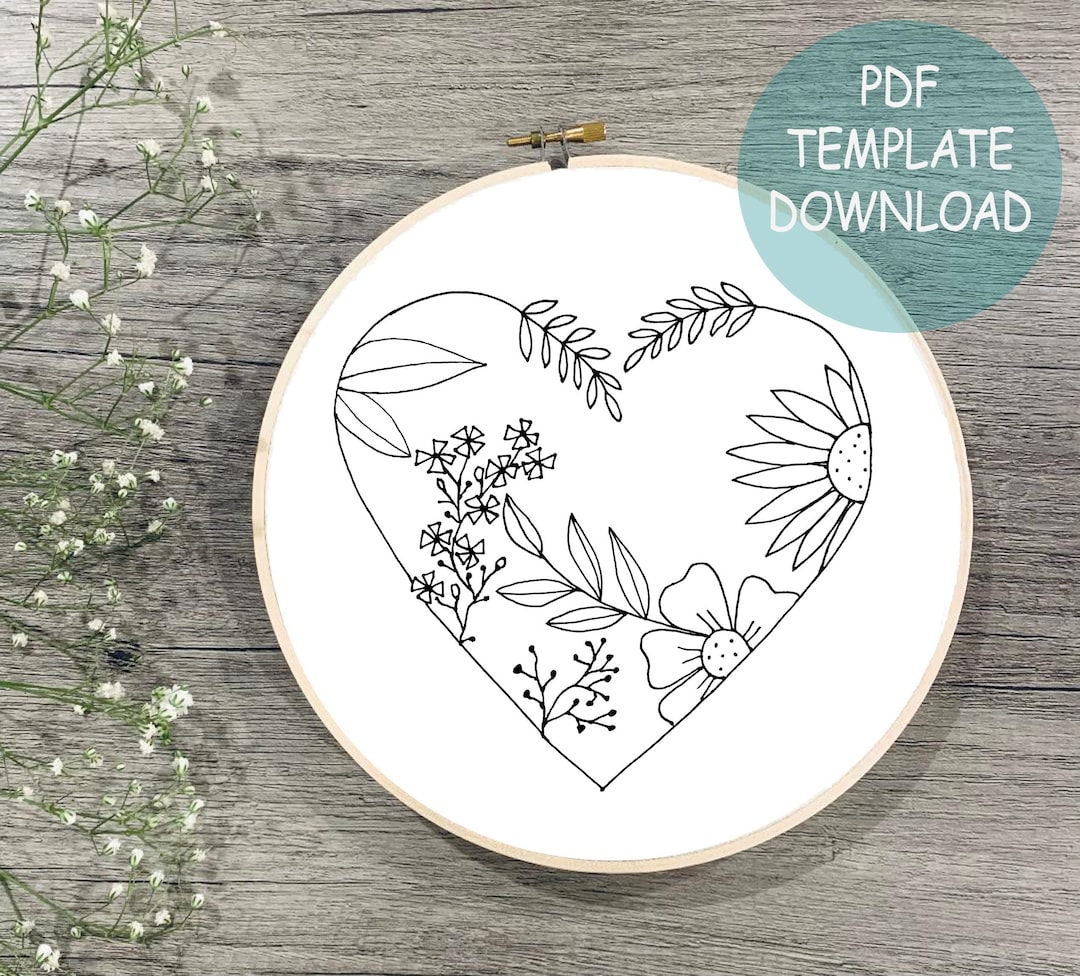 Floral Love Heart Embroidery Pattern, Flower Border Embroidery Design ...