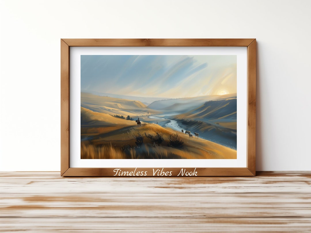 Cowboy and Cattle Landscape Art Print Western Scenery Wall Art, Vibrant ...