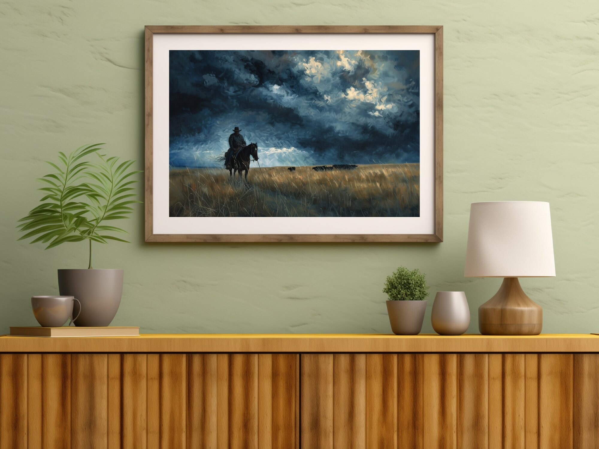 Cowboy and Cattle Art Print Western Cloud Landscape Painting, Farmhouse ...