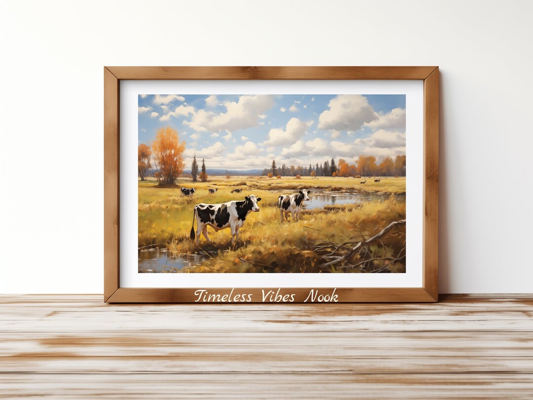 Milk Cows in Autumn Colors Oil Painting Modern Farmhouse, Pastoral ...