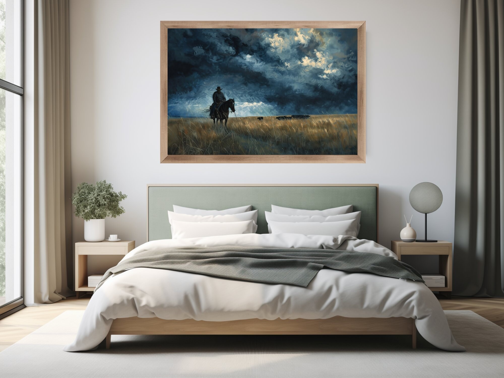 Cowboy and Cattle Art Print Western Cloud Landscape Painting, Farmhouse ...