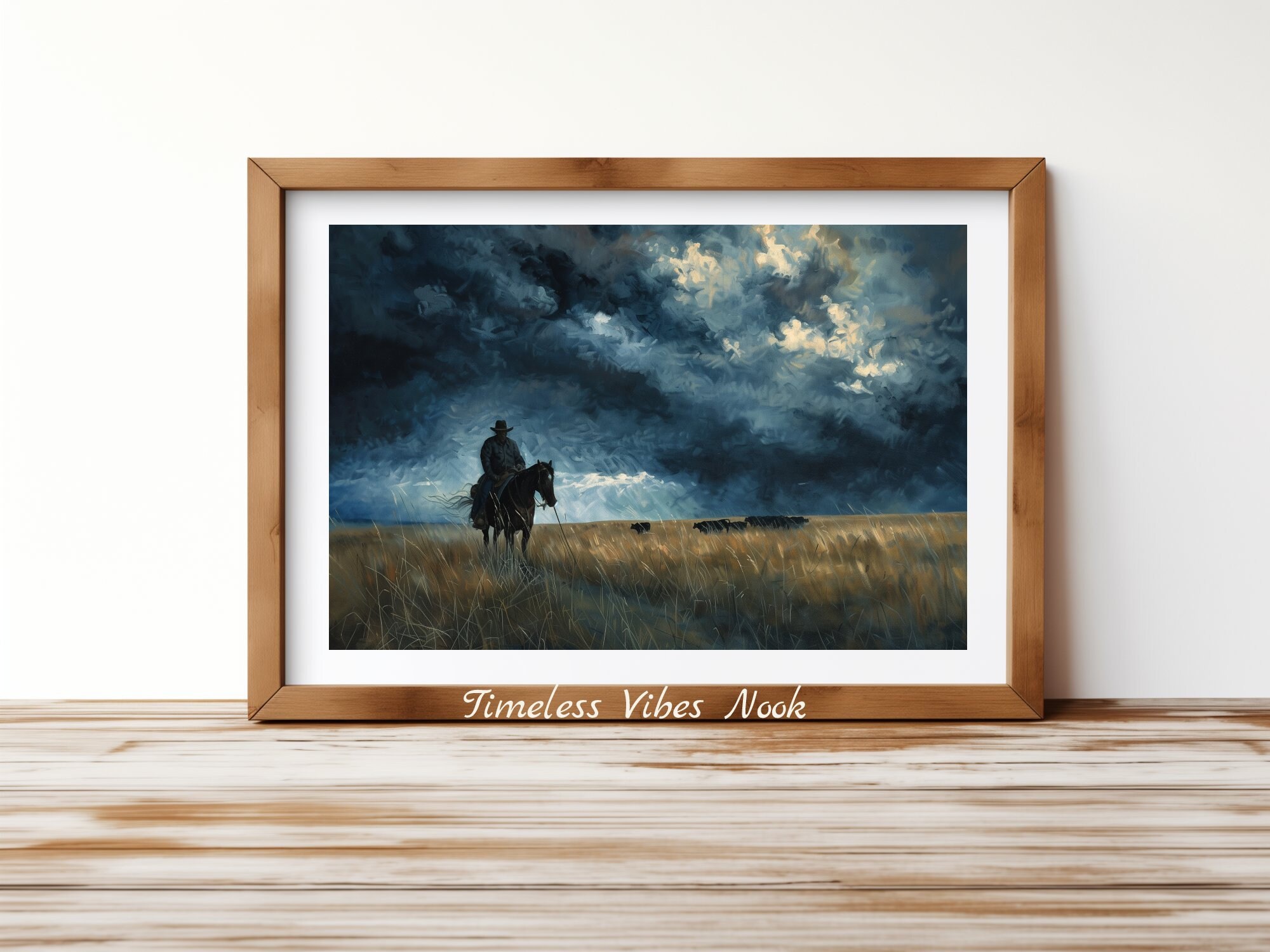 Cowboy and Cattle Art Print Western Cloud Landscape Painting, Farmhouse ...
