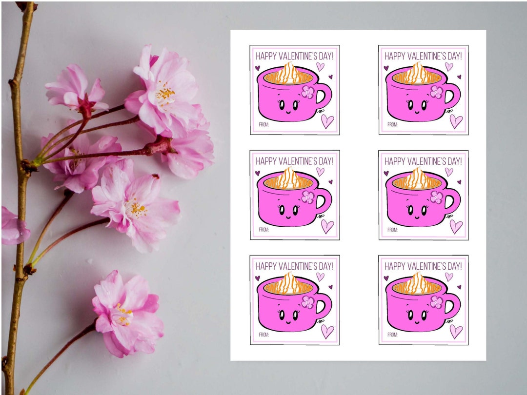 Printable PDF Cute Pink Coffee Mug Happy Valentines Day Cards Digital ...
