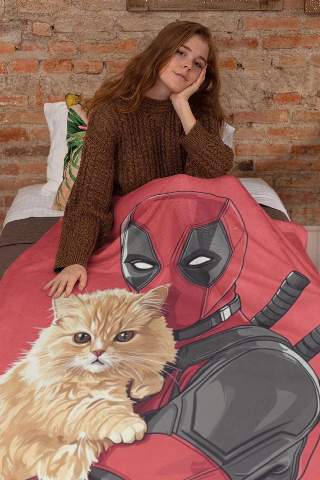 Marvel Character Deadpool Holding a Kitty on a Plush Blanket, Super ...