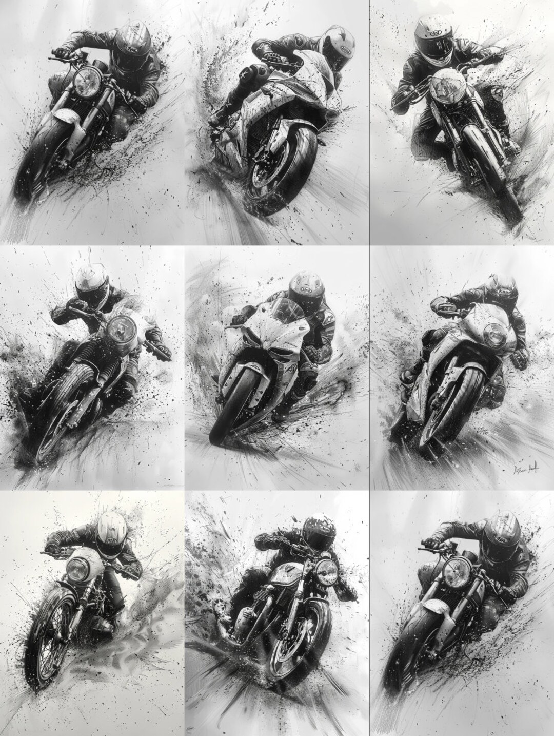 Biker Flash Art Prints Set of 8 Motorcycle Rider Designs - Vintage ...