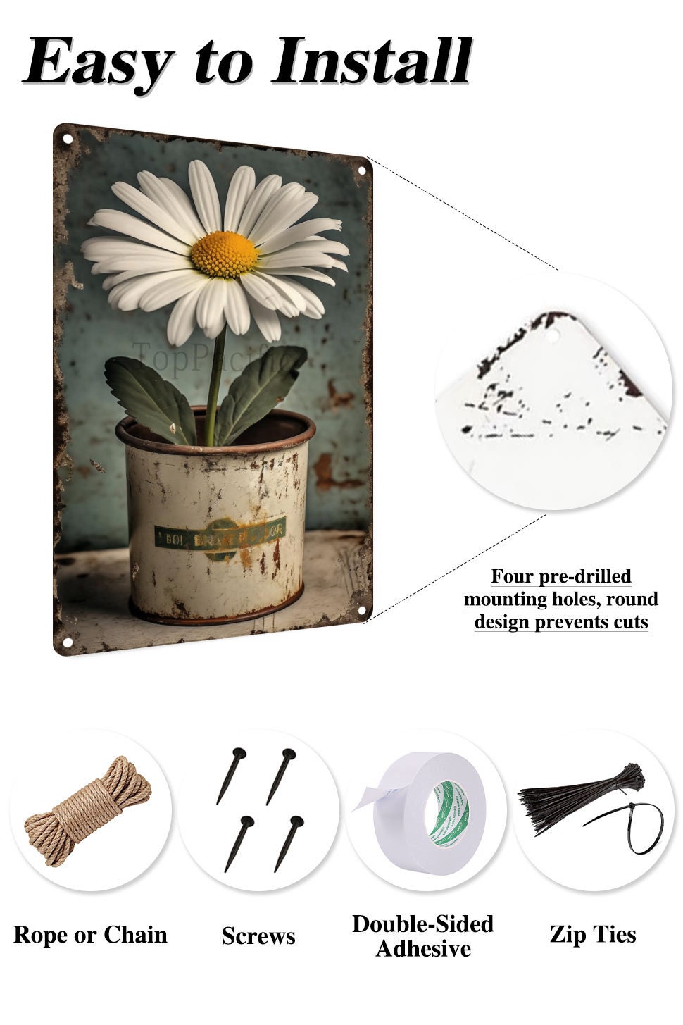 Vintage White Daisy Flower Tin Sign 12x8 Retro Metal Floral Wall Art ...