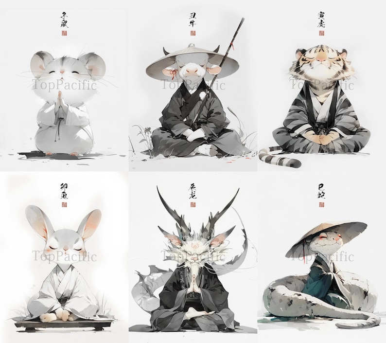 Zen Chinese Zodiac Art Prints 1st Set of 6 - Rat, Ox, Tiger, Rabbit ...
