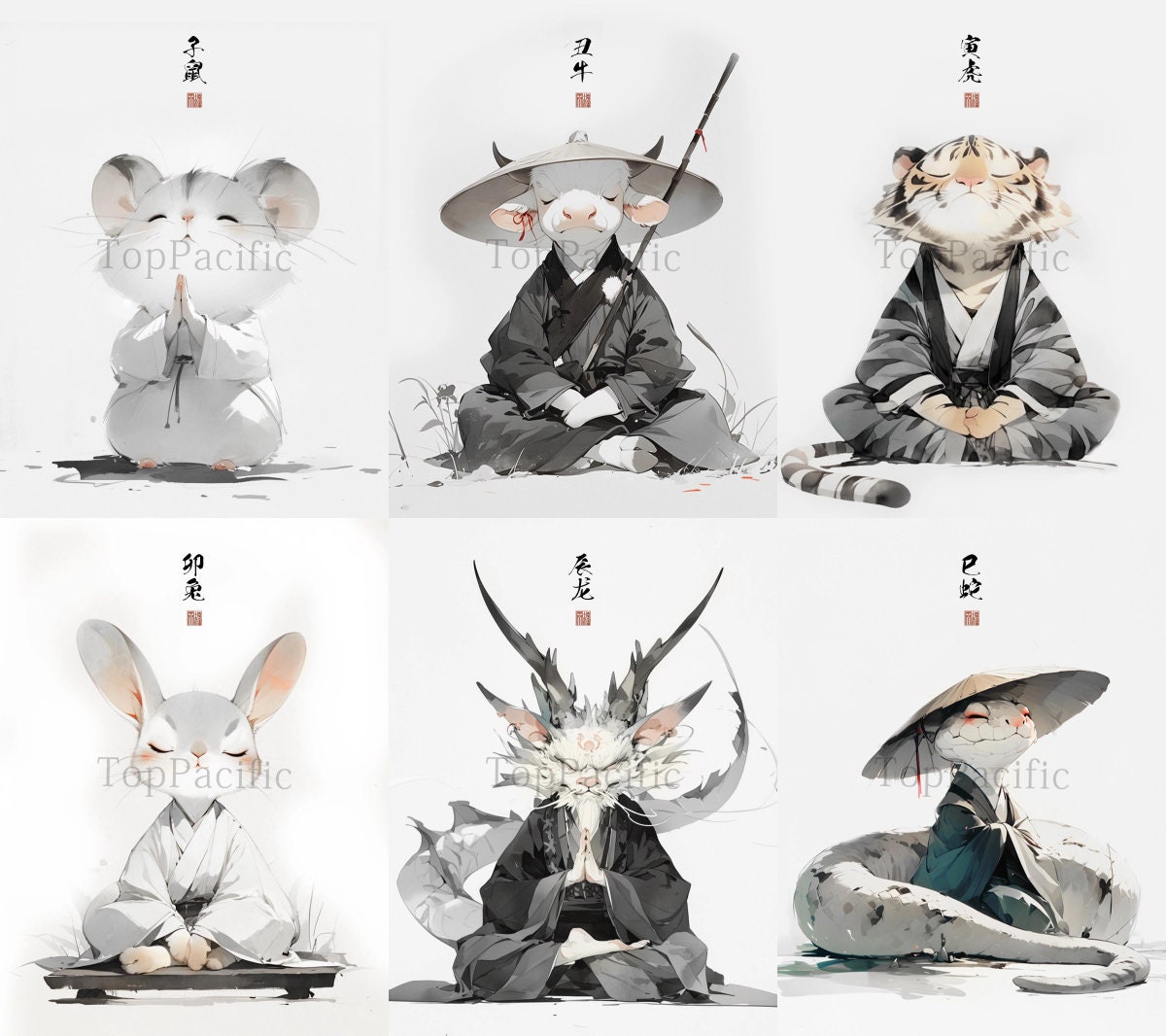 Zen Chinese Zodiac Art Prints 1st Set of 6 - Rat, Ox, Tiger, Rabbit ...