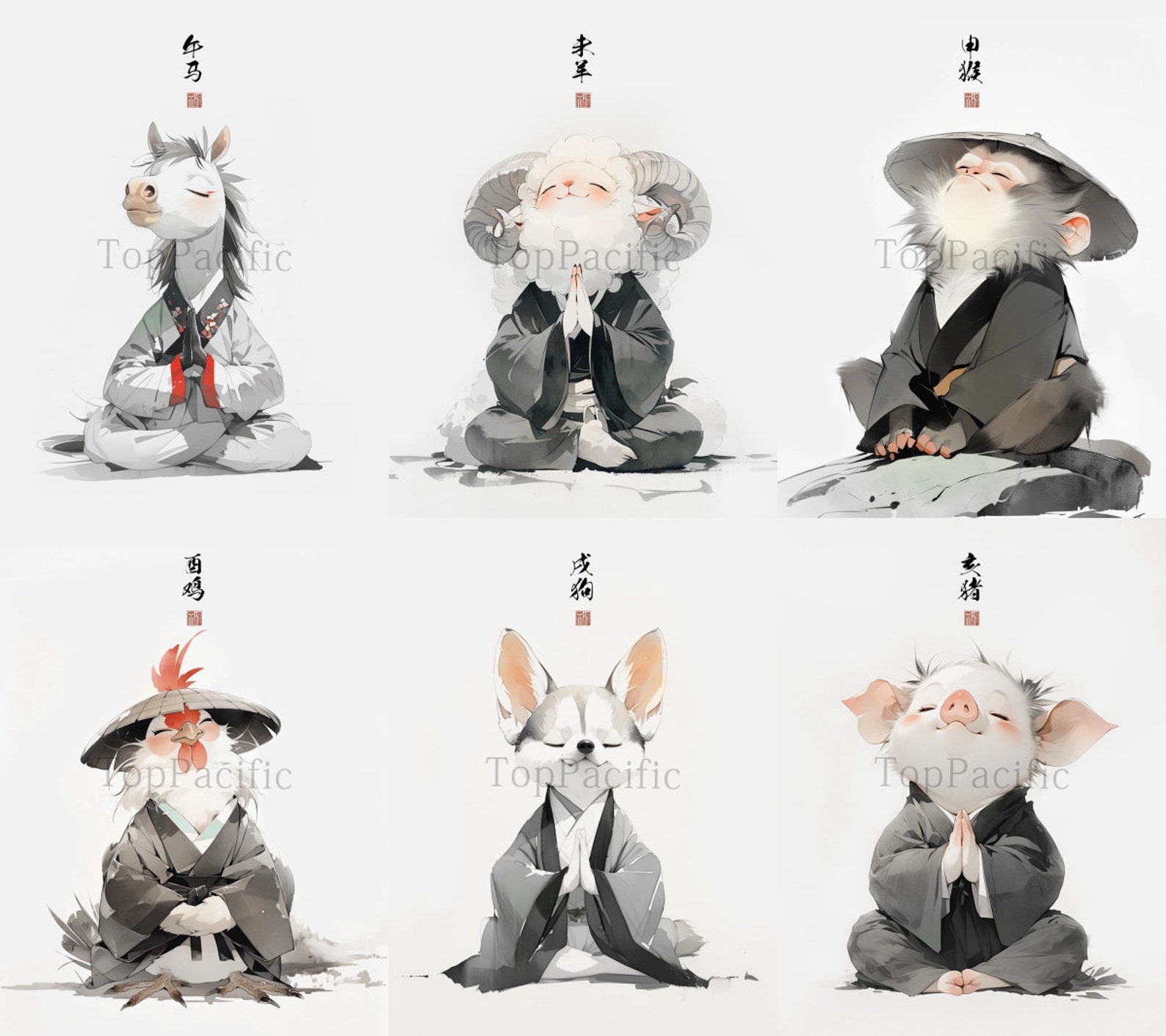 Zen Chinese Zodiac Art Prints 2st Set of 6 - Horse Sheep Monkey Rooster ...