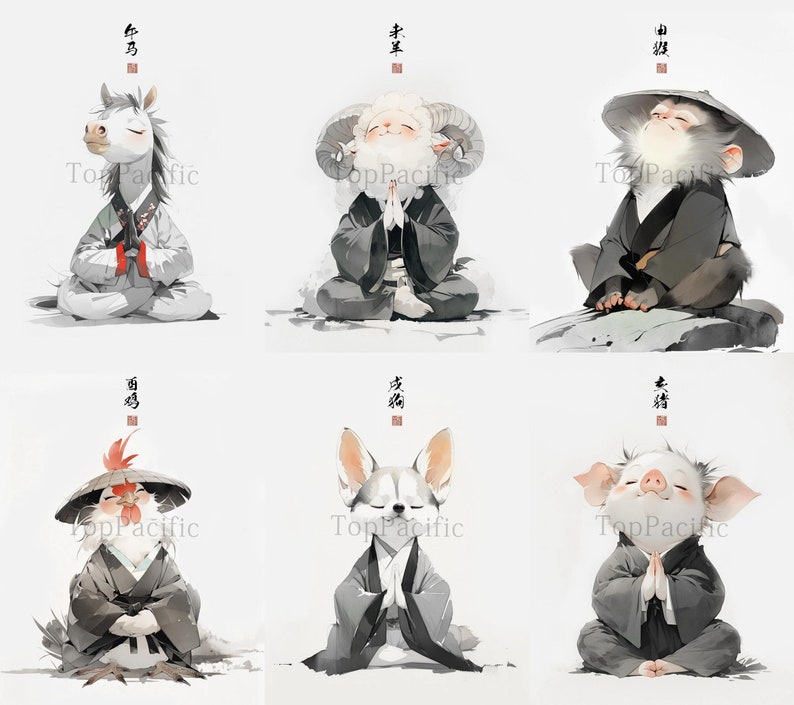 Zen Chinese Zodiac Art Prints 2st Set of 6 - Horse Sheep Monkey Rooster ...